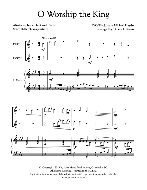 O Worship the King - Alto Saxophone Duet – Jantz Music Publications